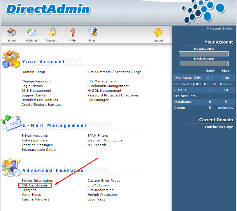 Hướng dẫn cài đặt SSL trên hosting DirectAdmin - Nhan Hoa Knowledgebase