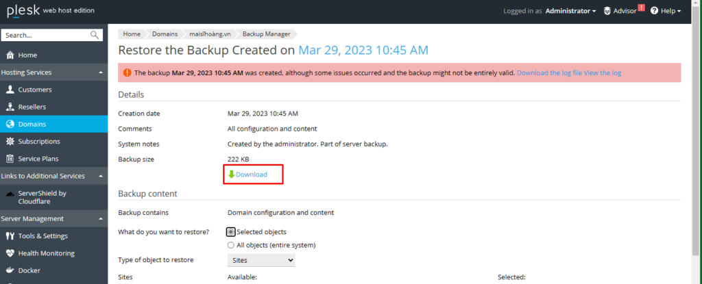 Hướng dẫn tạo bản backup Plesk - Nhan Hoa Knowledgebase