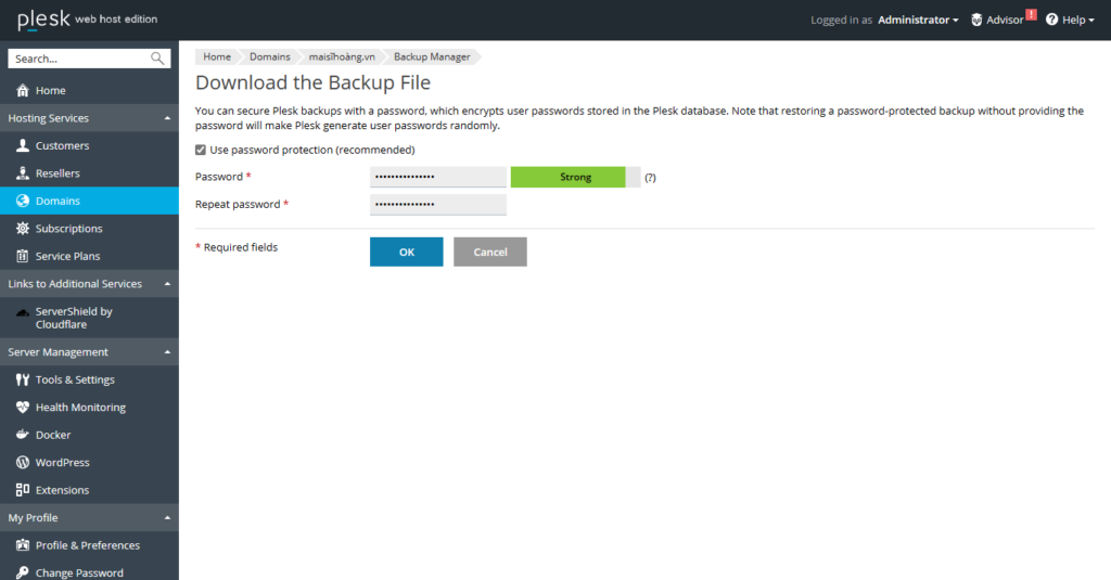 Hướng dẫn tạo bản backup Plesk - Nhan Hoa Knowledgebase